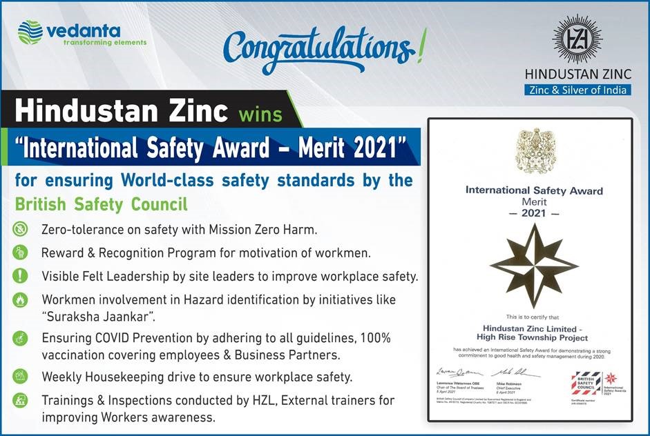 Hindustan Zinc wins “International Safety Award – Merit 2021” for ...