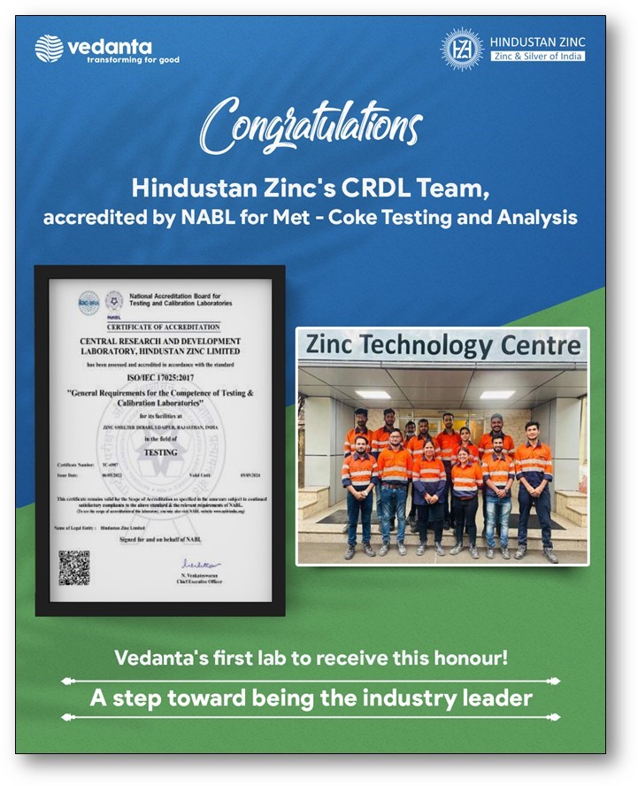 Hindustan Zinc’s CRDL Team, accredited by NABL for Met – Coke Testing ...